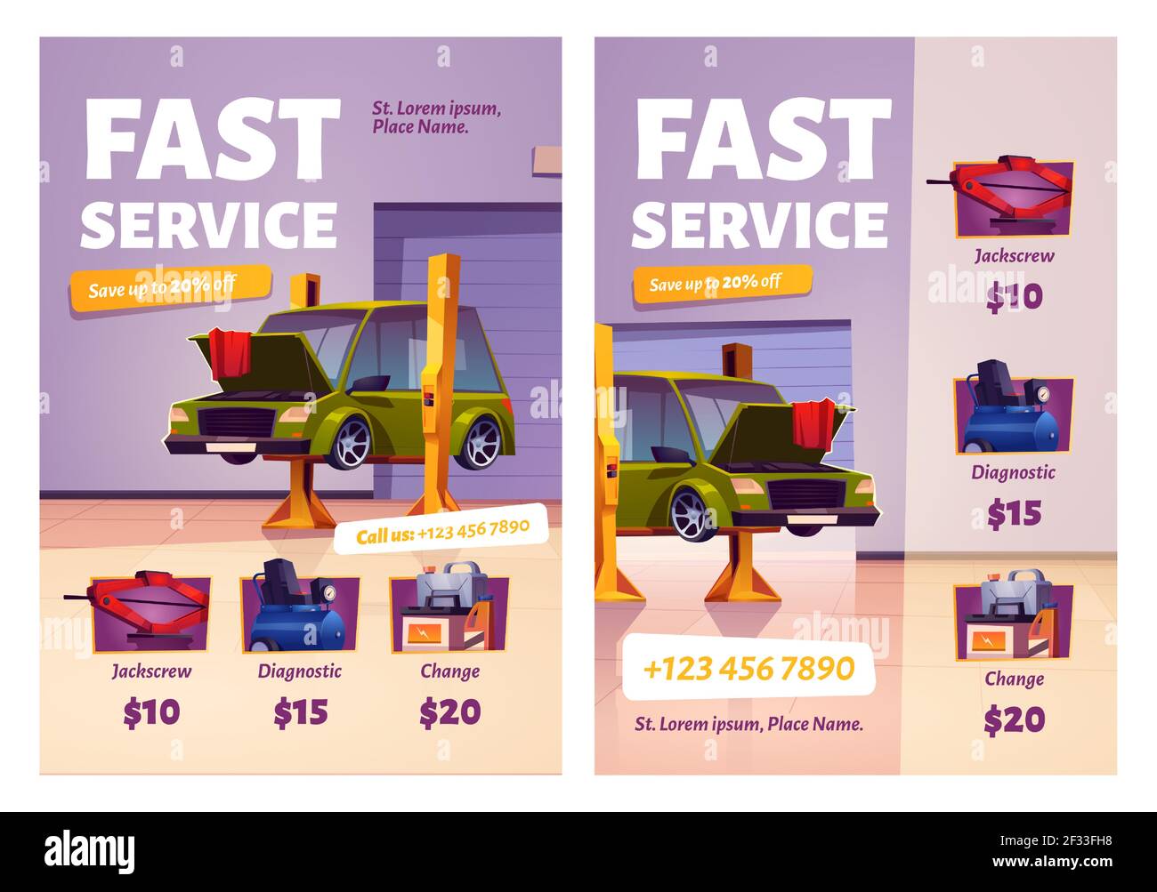 Car repair fast service cartoon ad posters, garage Stock Vector Image ...