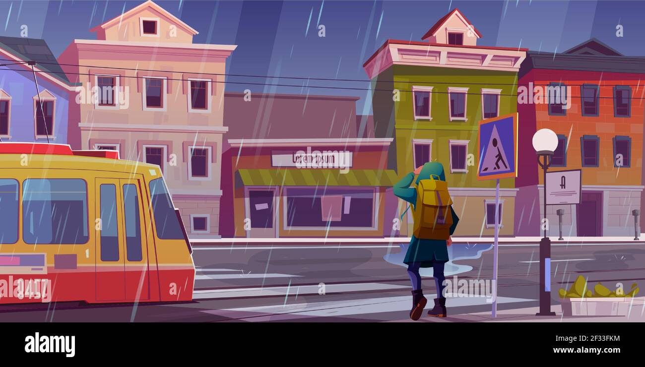 City street with houses, tram and pedestrian man Stock Vector Image ...