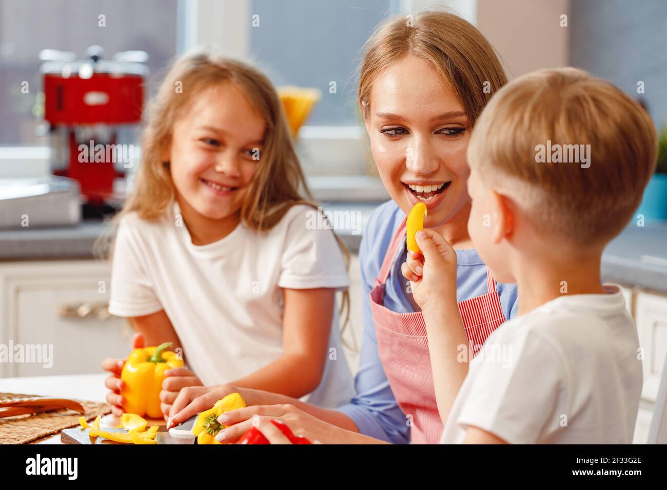 Woman and her kids cooking in kitchen Stock Photo - Alamy