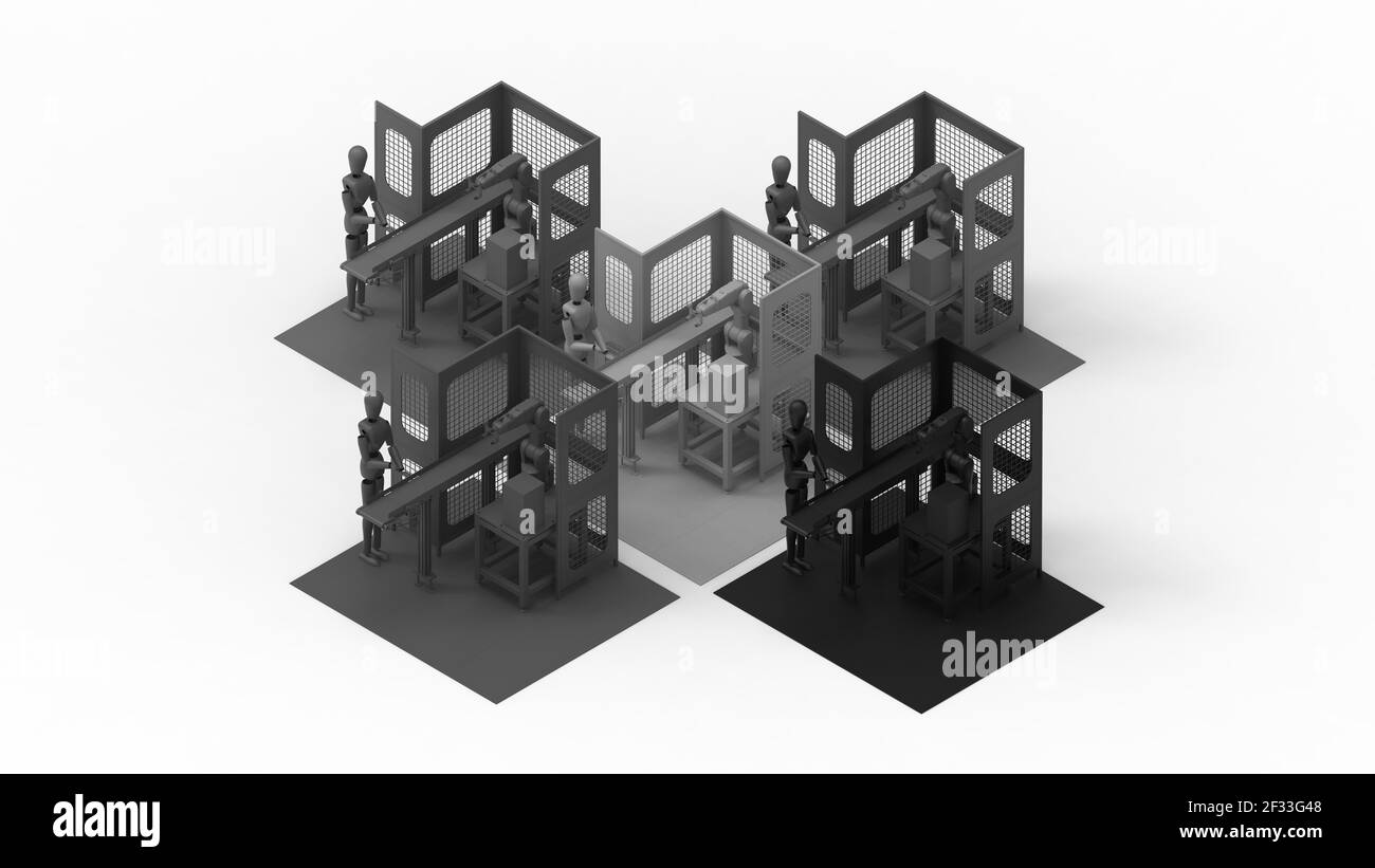 3D rendering of a factory assembly line worker dummy on a conveyor belt ...