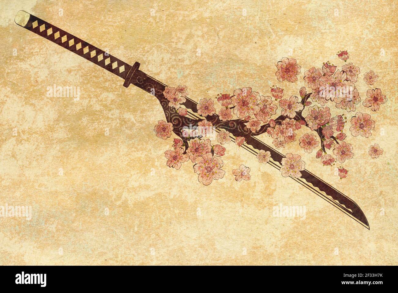 Traditional samurai weapon, Japanese katana sword with sakura grunge ...