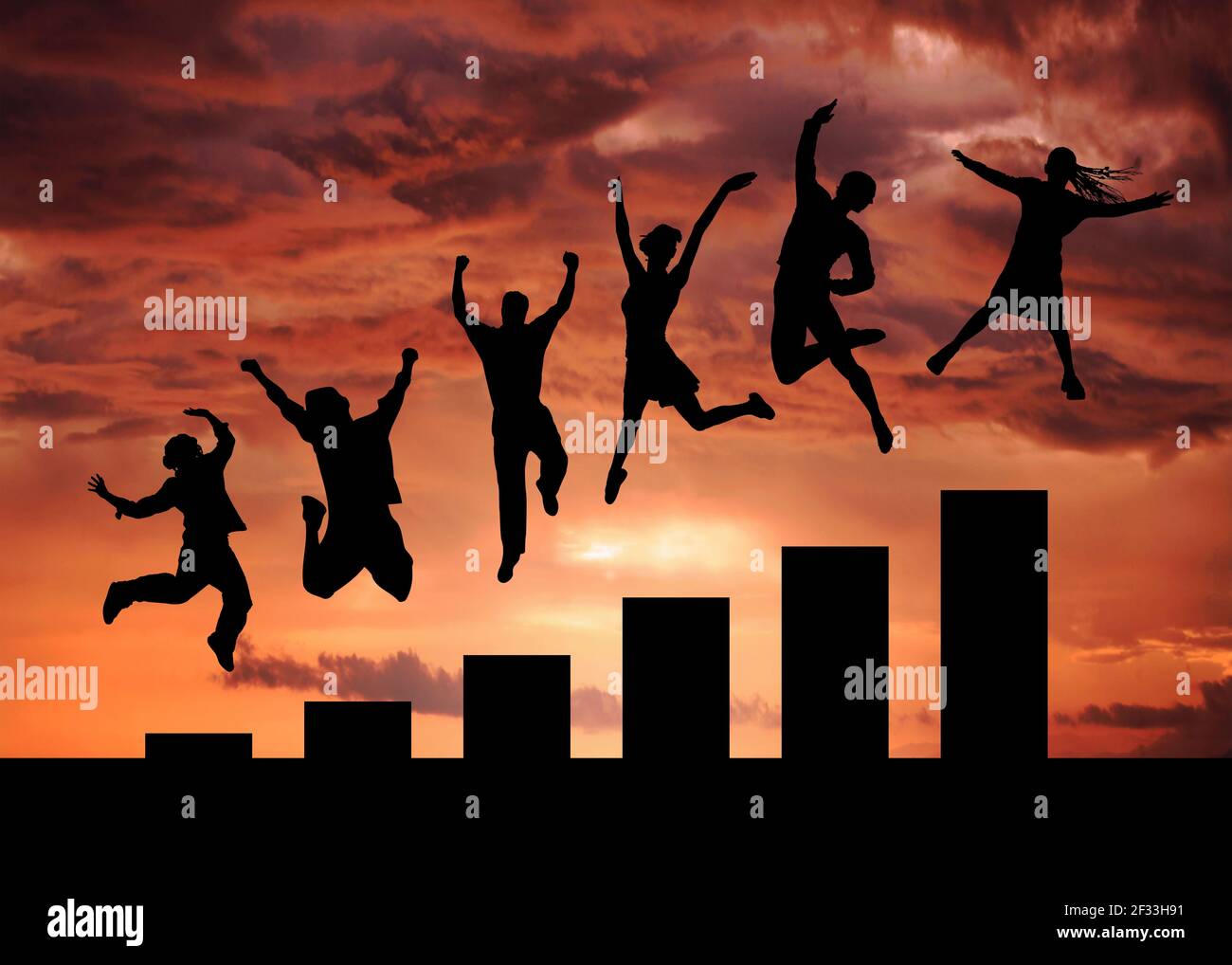 Group of successful young people Jumping on Growing chart in beach ...