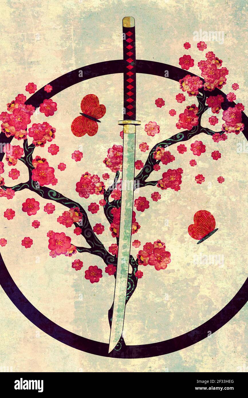 Traditional samurai weapon, Japanese katana sword with sakura grunge ...