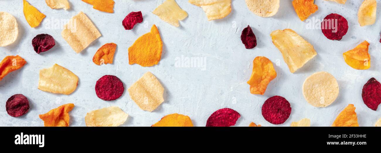 Vegetable chips overhead flat lay panorama with copy space Stock Photo ...