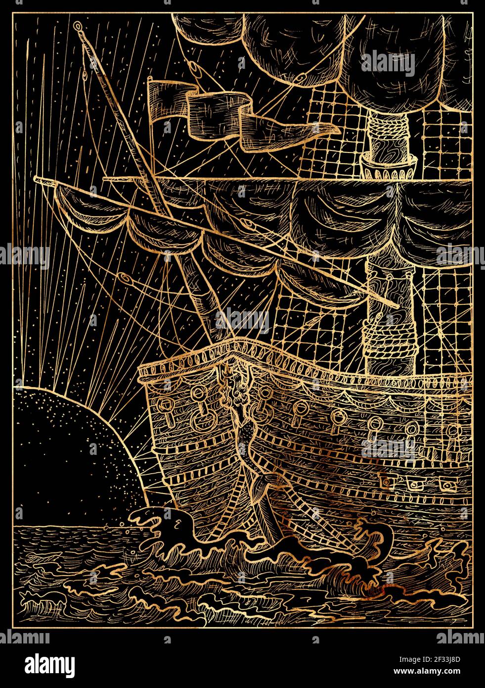 Black and gold marine illustration with old sailing ship or sailboat ...
