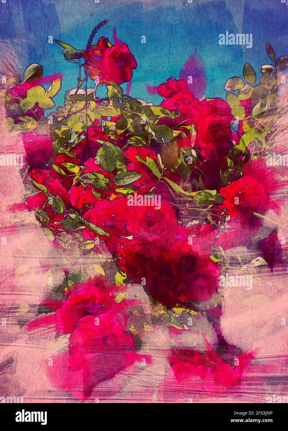 Vintage red roses digital illustration with painting effect, photo ...