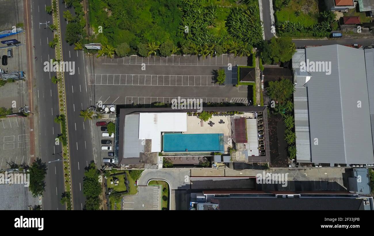 Aerial footage of a rooftop swimming pool. Luxury hotel Atanaya. The ...