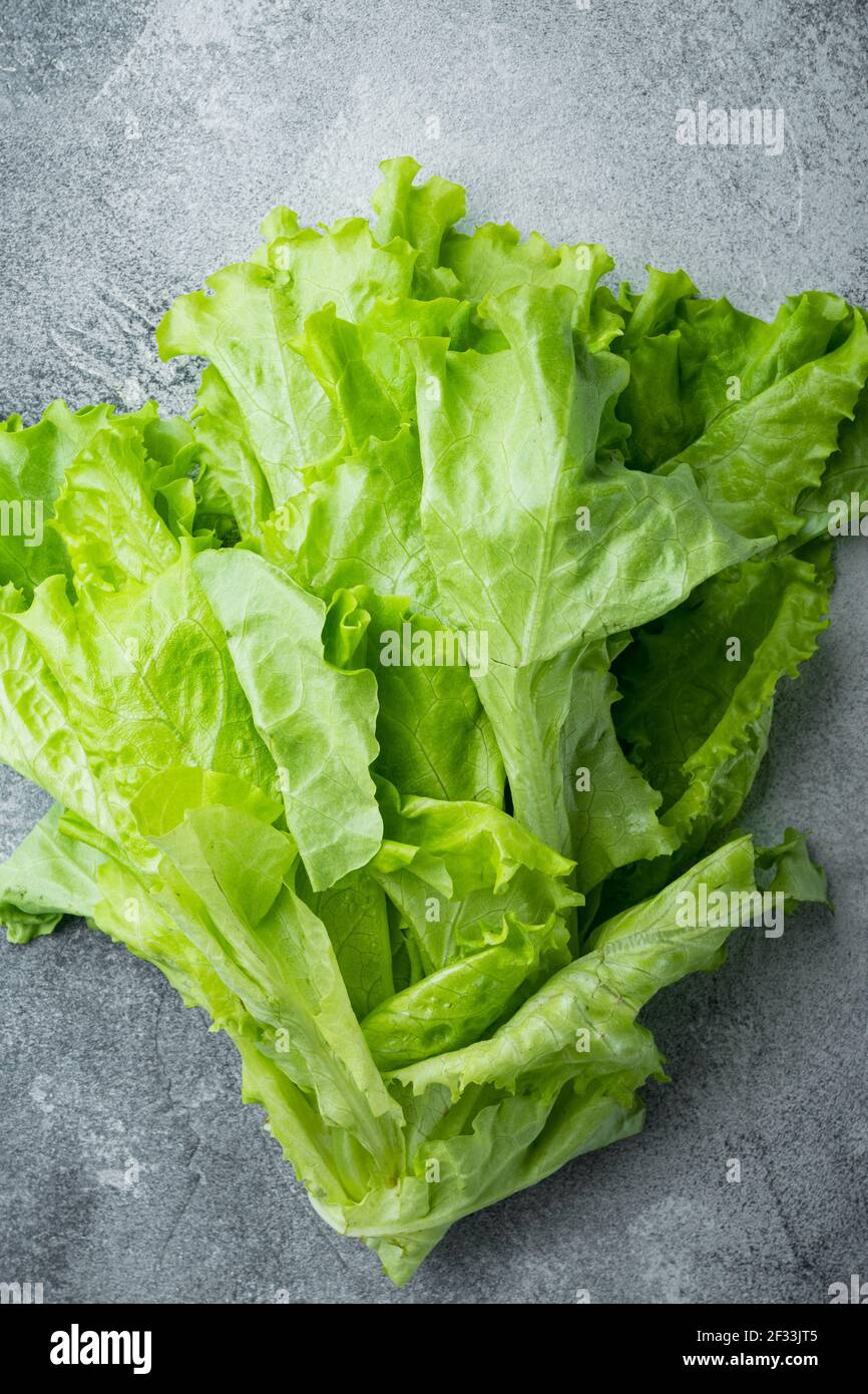 Green salad lettuce fresh leaves, on gray background Stock Photo - Alamy