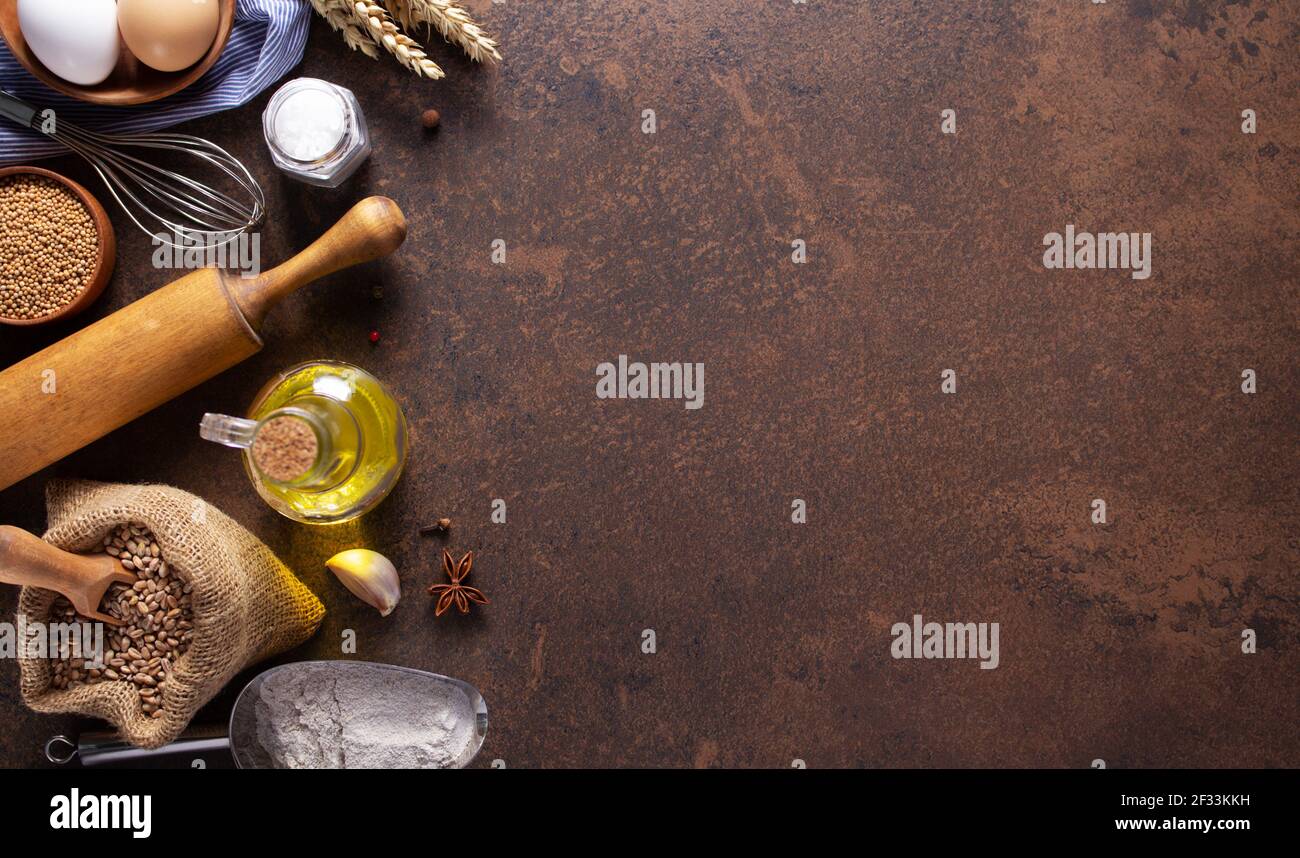Bakery ingredients for homemade bread baking on table. Recipe concept ...