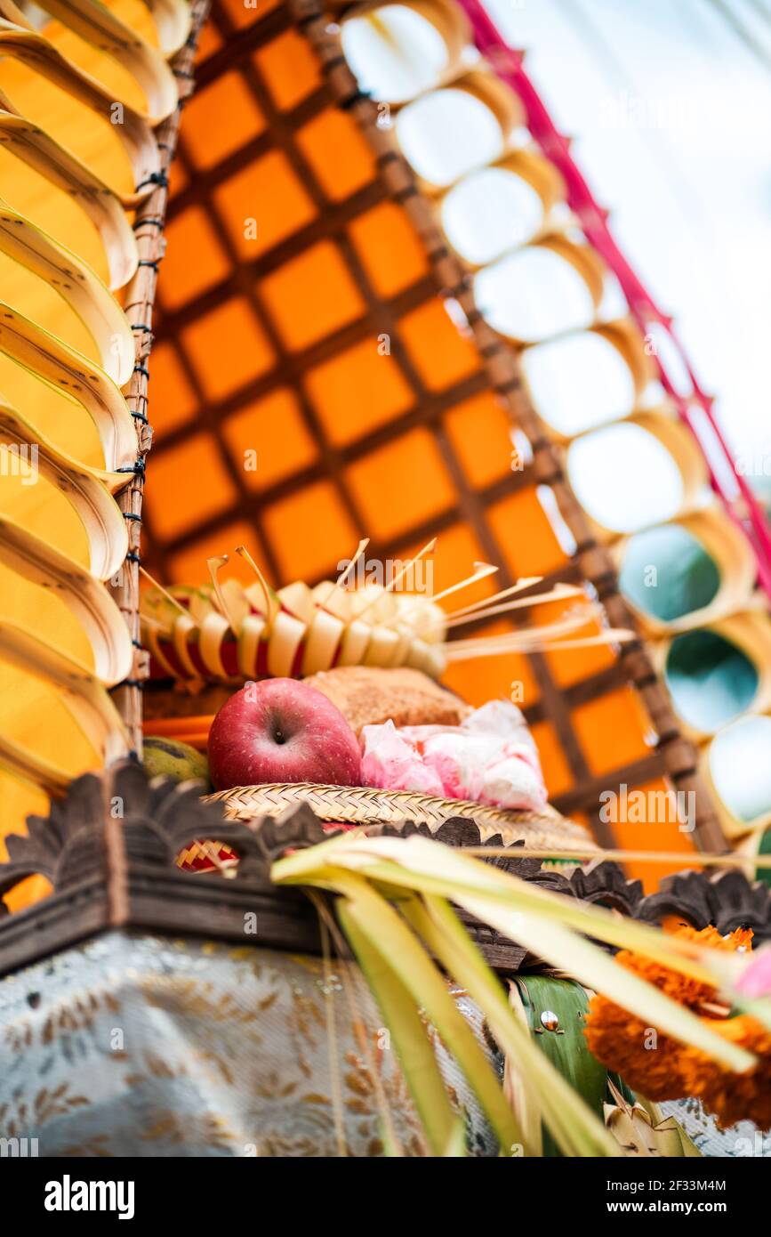 Culture and religion. An altar offering fruit and flowers to the Gods ...