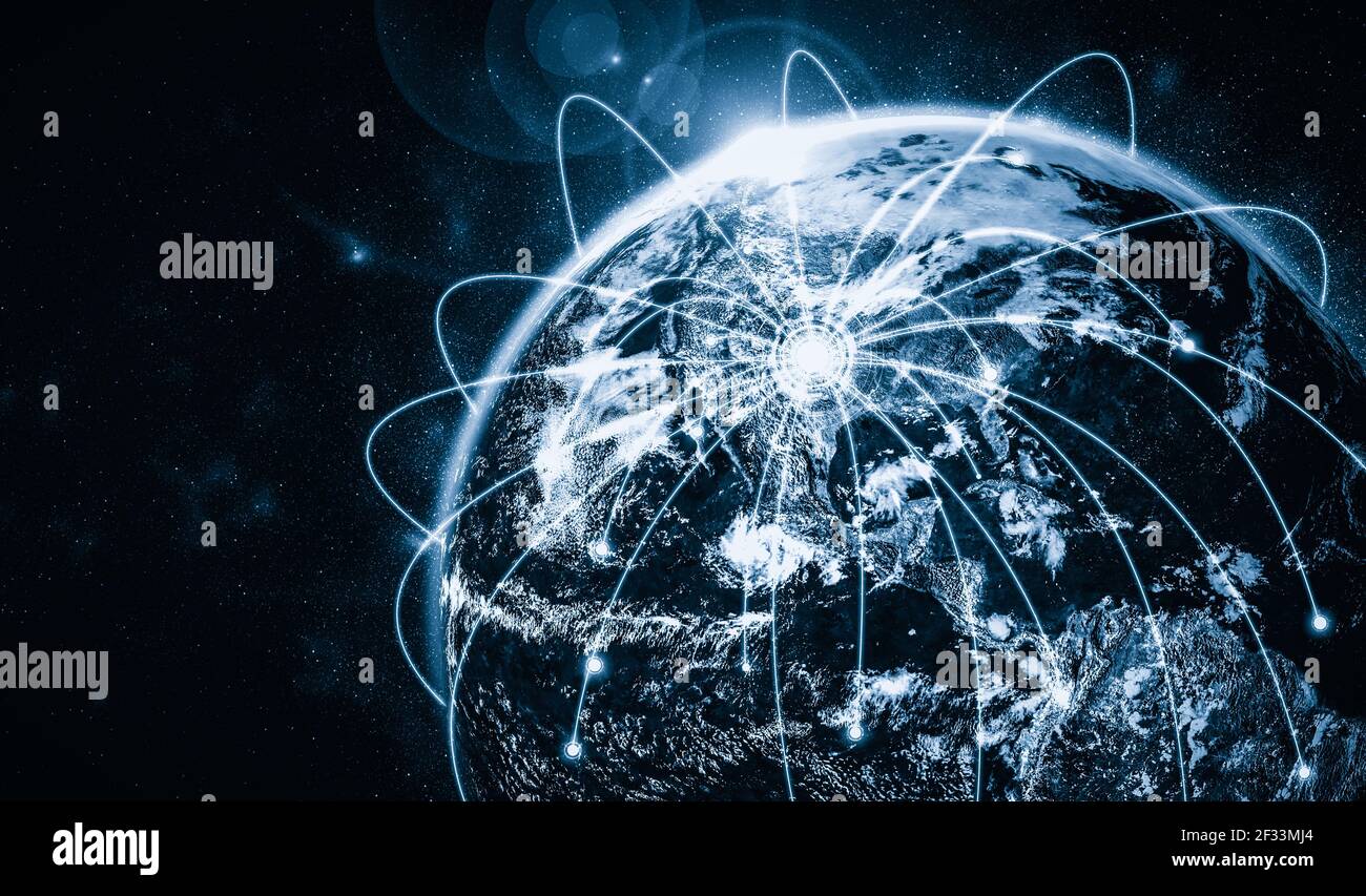 Global network connection covering the earth with lines of innovative ...