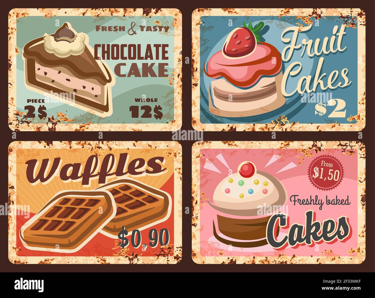 Pastry, confectionery sweets rusty plates, vector bakery desserts rust ...