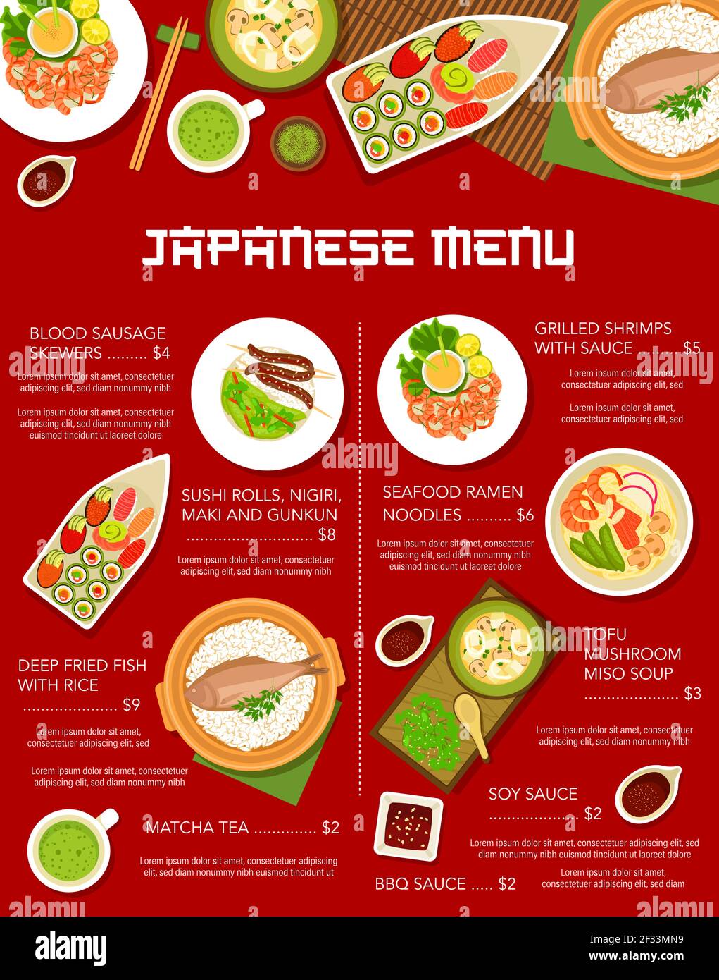 Japanese food cuisine, Japan menu noodles ramen and sushi, vector ...