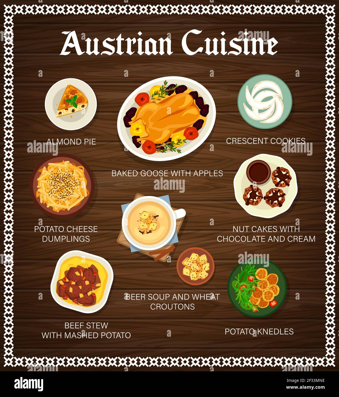 Austrian cuisine vector menu almond pie, baked goose with apples and ...