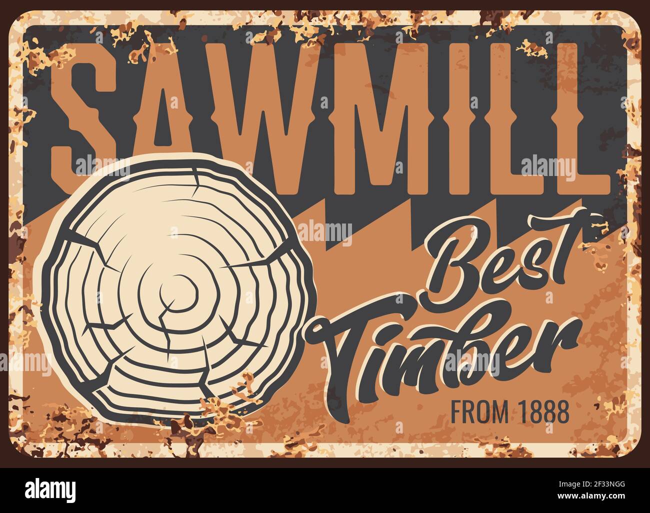 Sawmill, lumberjack woodwork metal plate rusty, timber log stub, vector ...