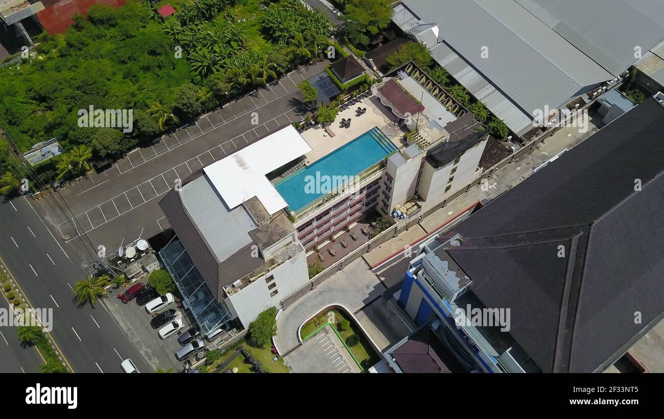 Kuta, Bali, Indonesia, March 13, 2021. Aerial footage of a rooftop ...