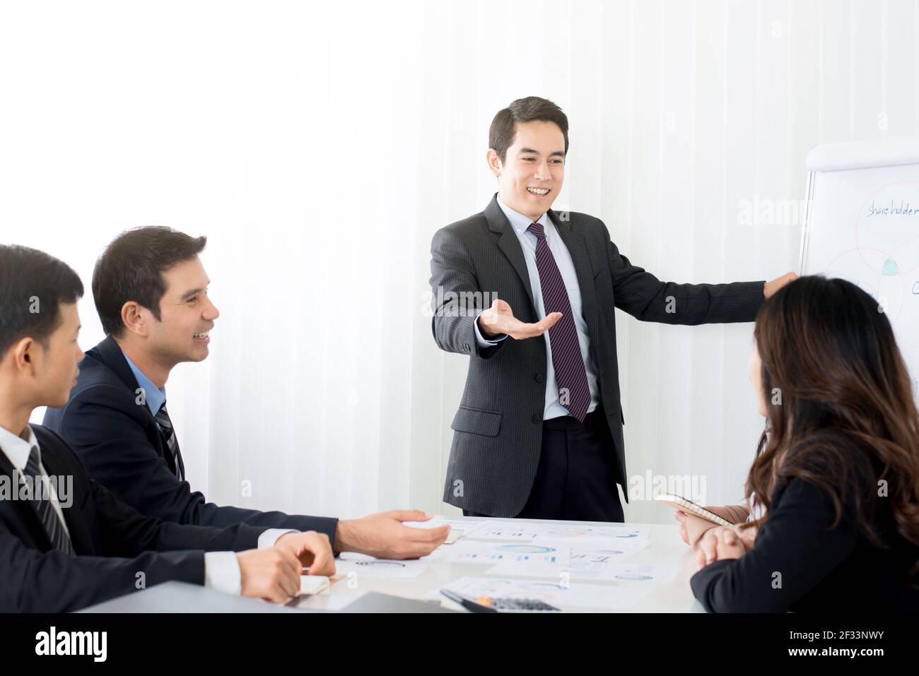 Young businessman as a meeting leader giving presentation in meeting ...