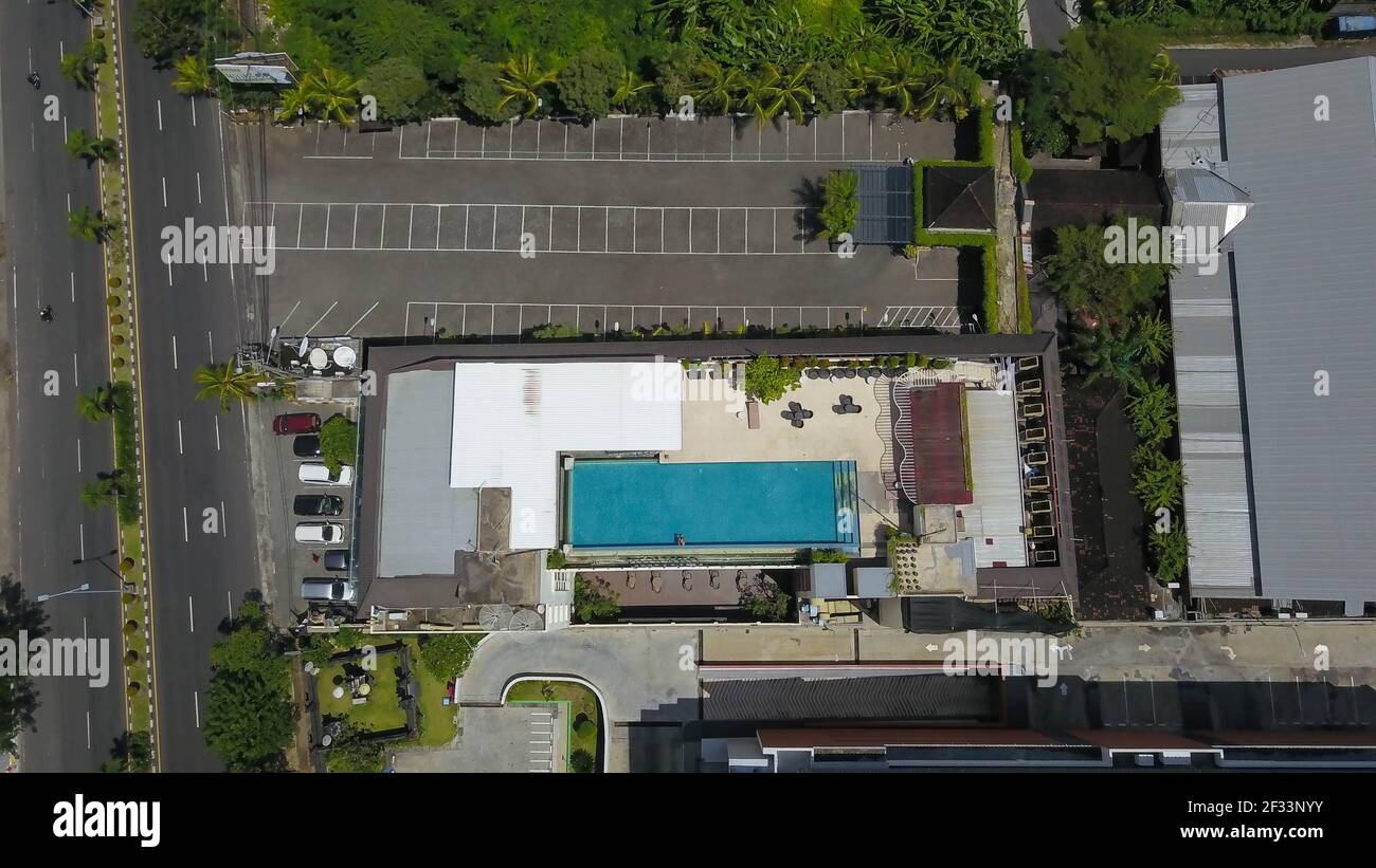 Kuta, Bali, Indonesia, March 13, 2021. Aerial footage of a rooftop ...
