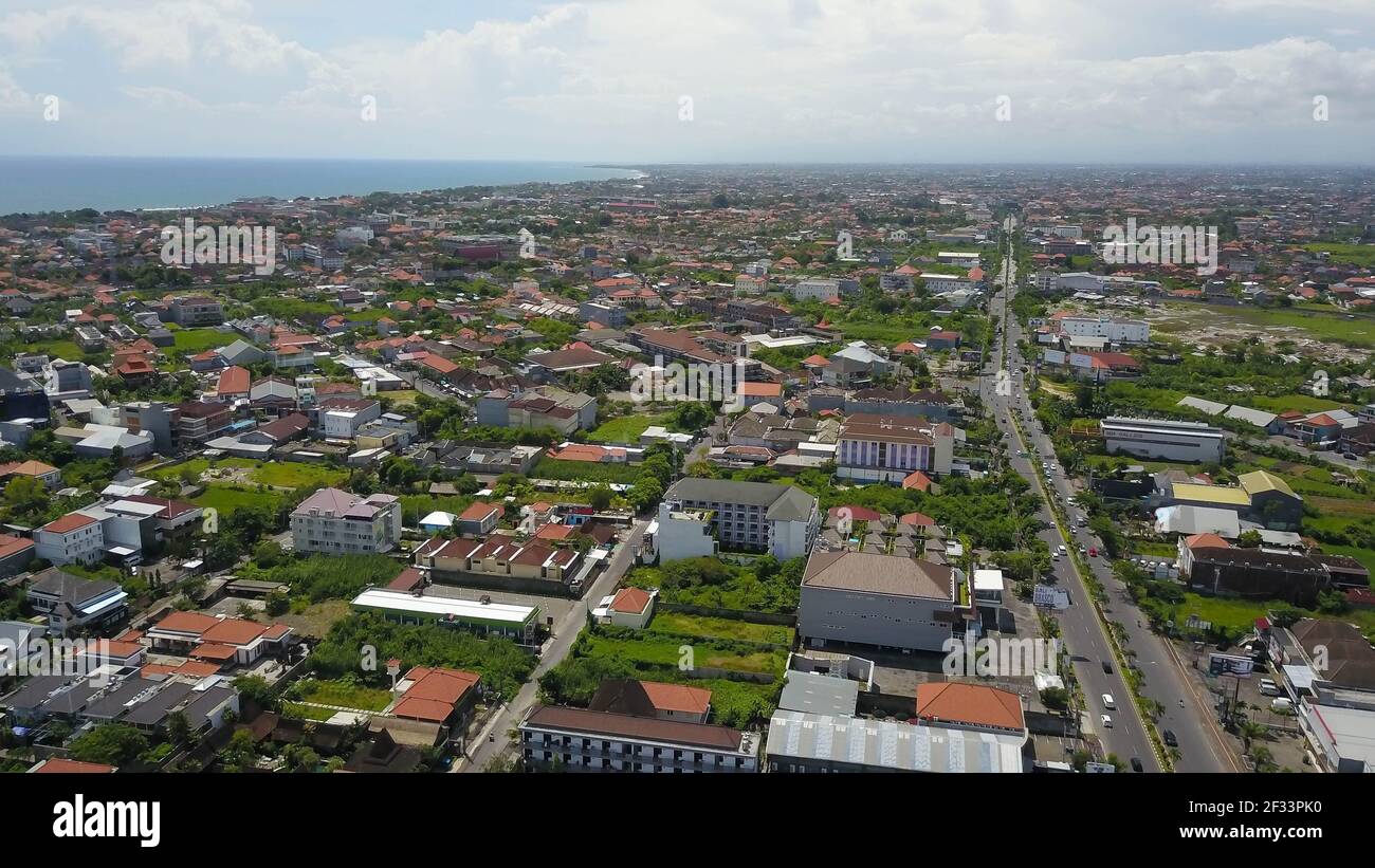 Kuta, Bali, Indonesia, March 13, 2021. Aerial drone view of Kuta city ...