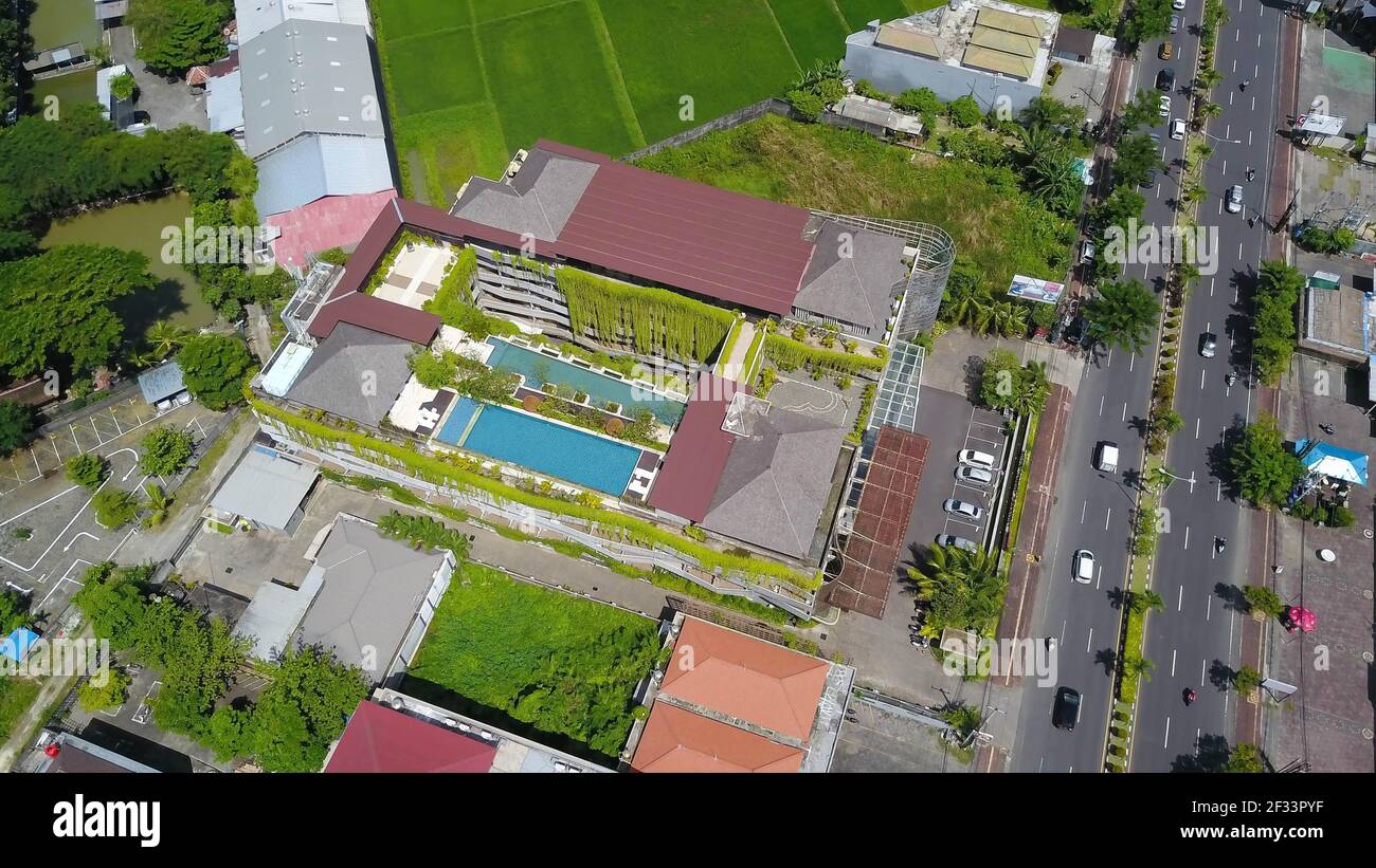 Kuta, Bali, Indonesia, March 13, 2021. Aerial footage of a rooftop ...
