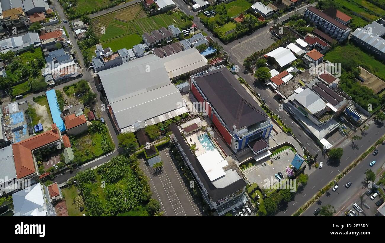 Kuta, Bali, Indonesia, March 13, 2021. Aerial drone view of Kuta city ...