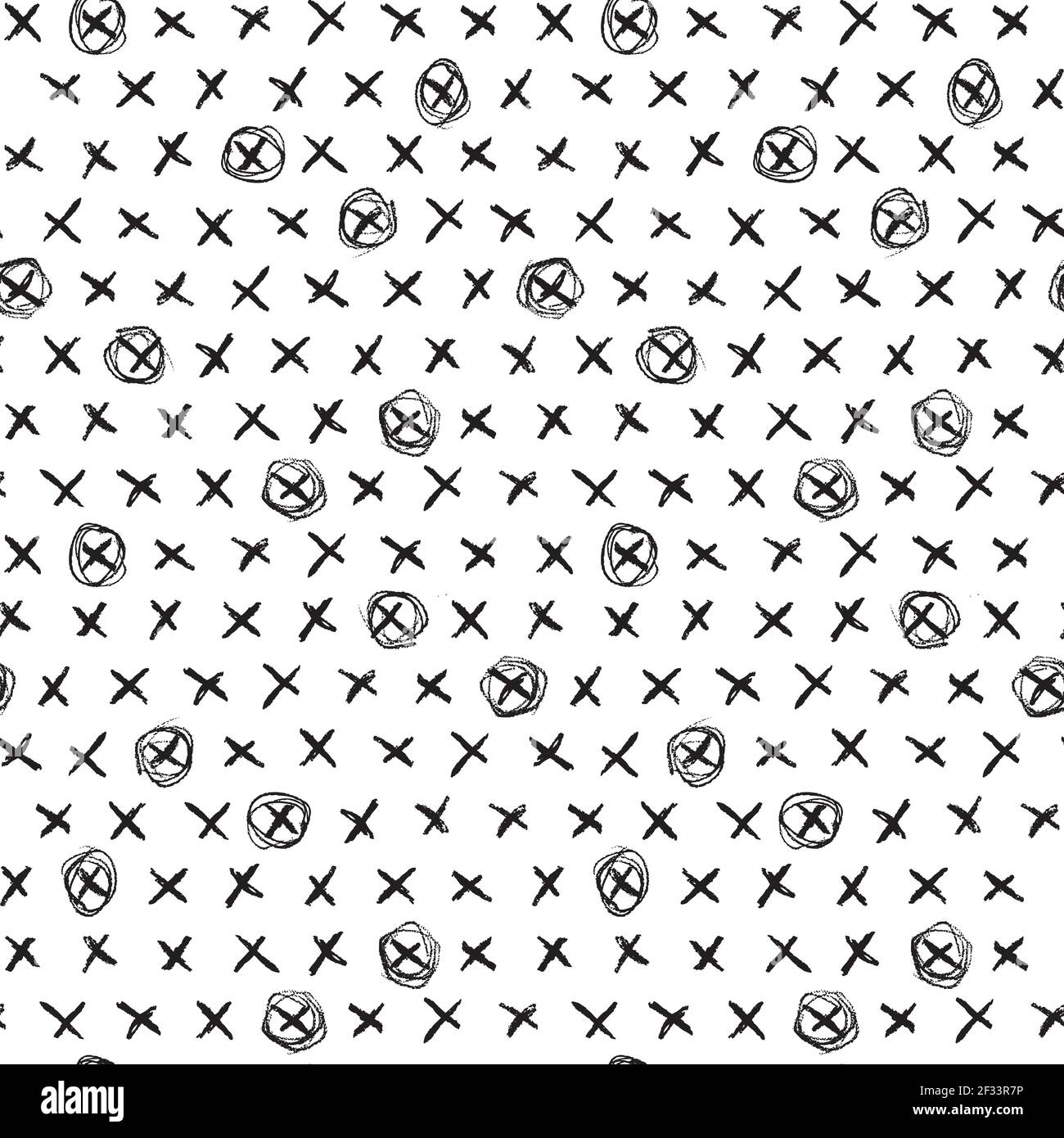 A seamless pattern made with a grid of hand-drawn crosses and circles ...