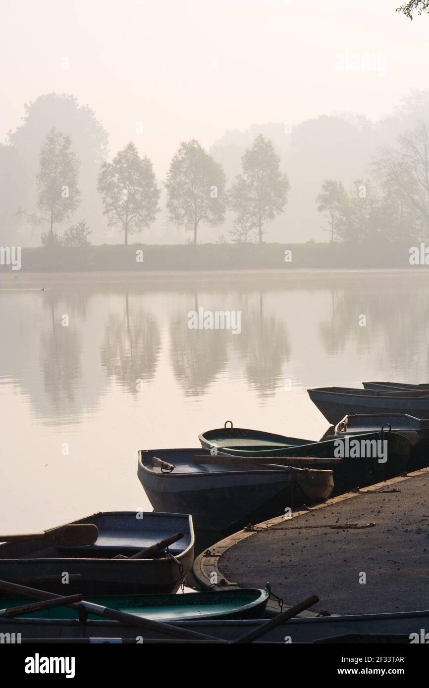 Rowing boats on the lakeside in a misty morning Stock Photo - Alamy