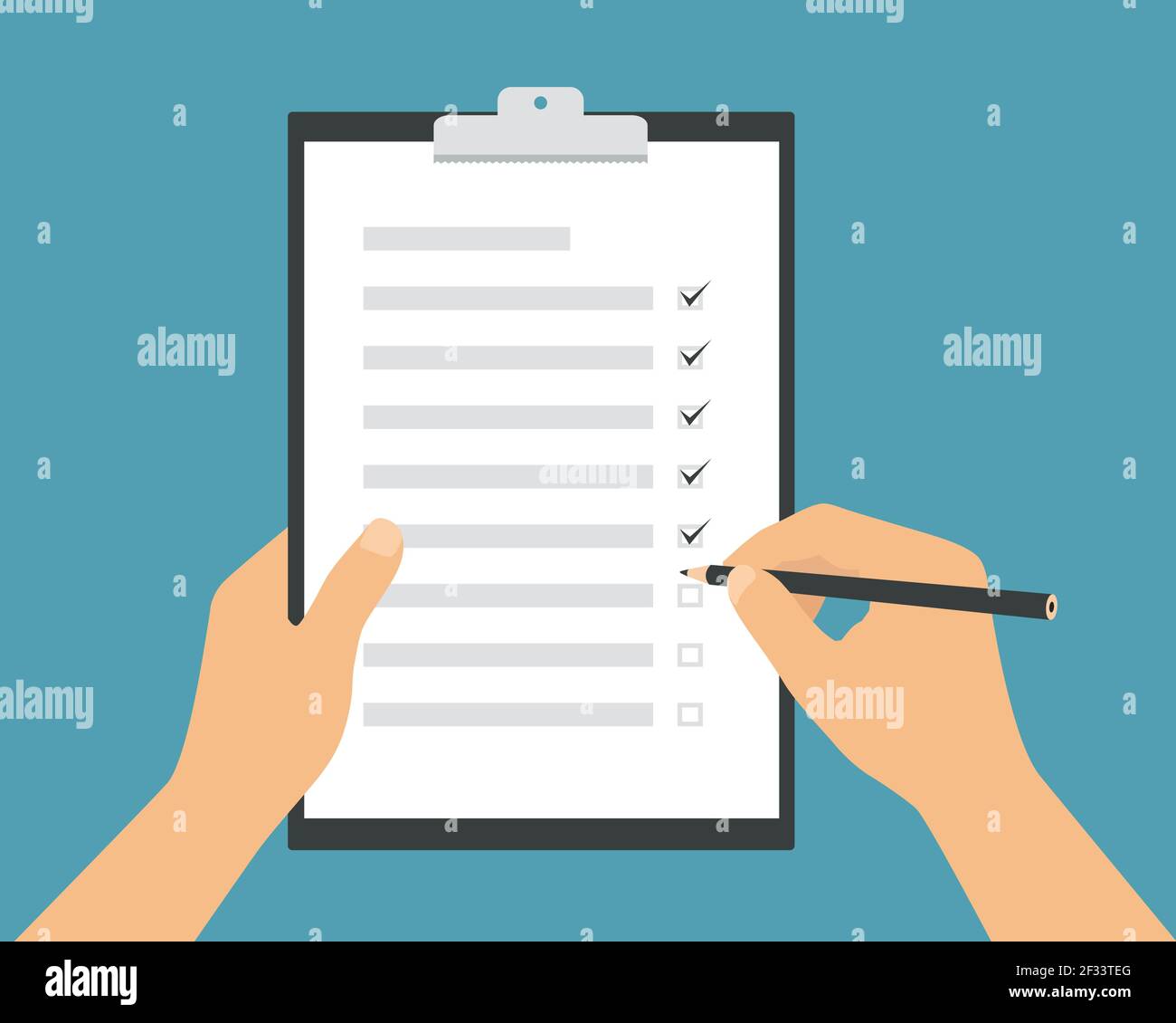 Flat design illustration of a man or woman's hand holding a pencil and ...