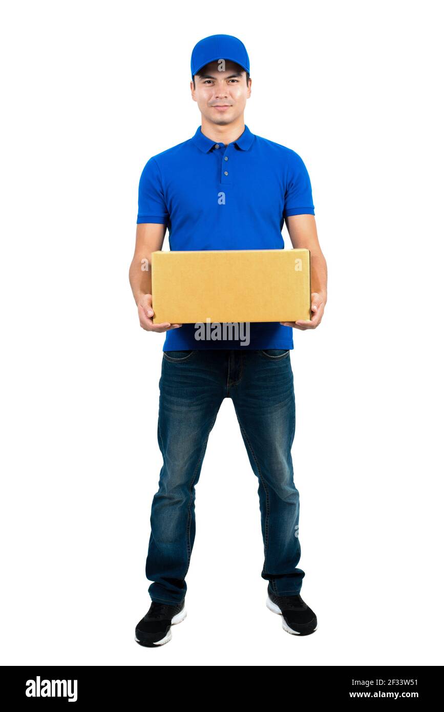 Handsome delivery man holding parcel box - full body, isolated on white ...