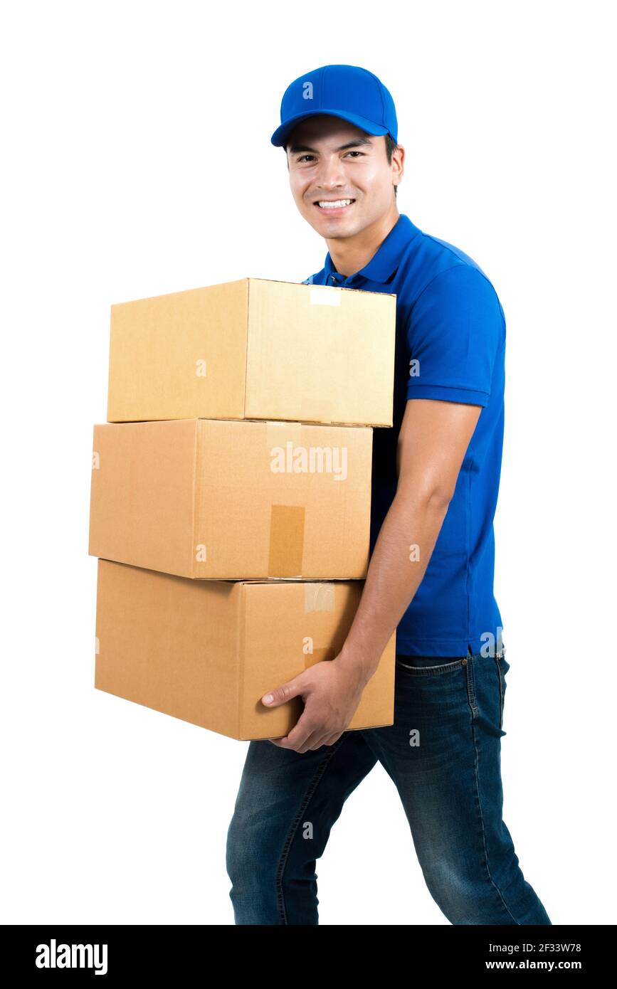 Smiling delivery man holding boxes - isolated on white background Stock ...