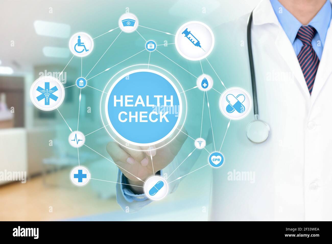 Doctor hand touching HEALTH CHECK sign linked with medical icon network ...