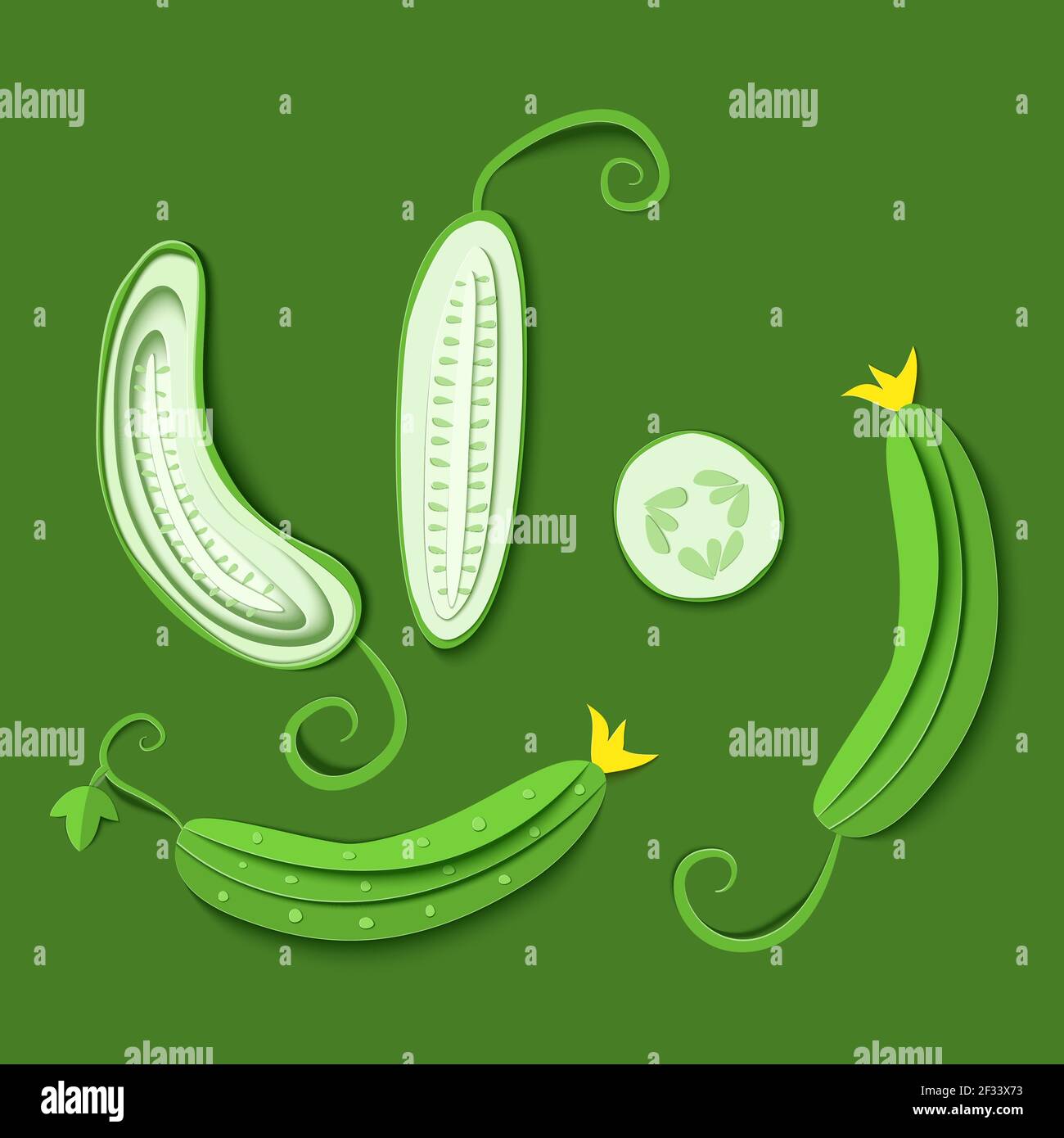 Set of paper cut green cucumber. Vector paper craft design in the form ...