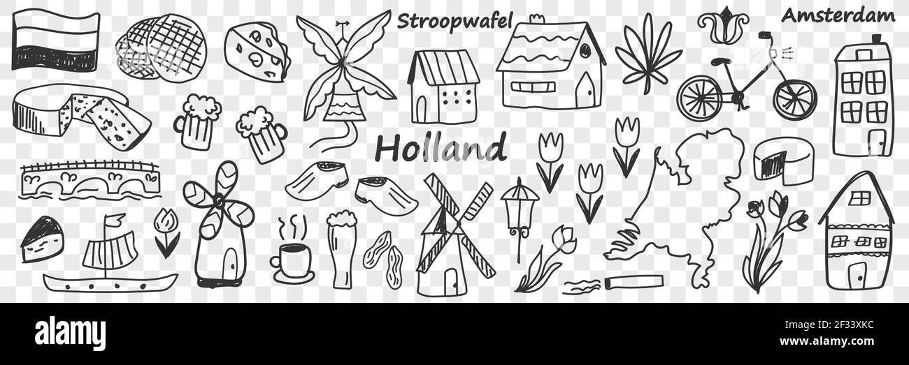 Dutch traditional symbols doodle set. Collection of hand drawn various ...