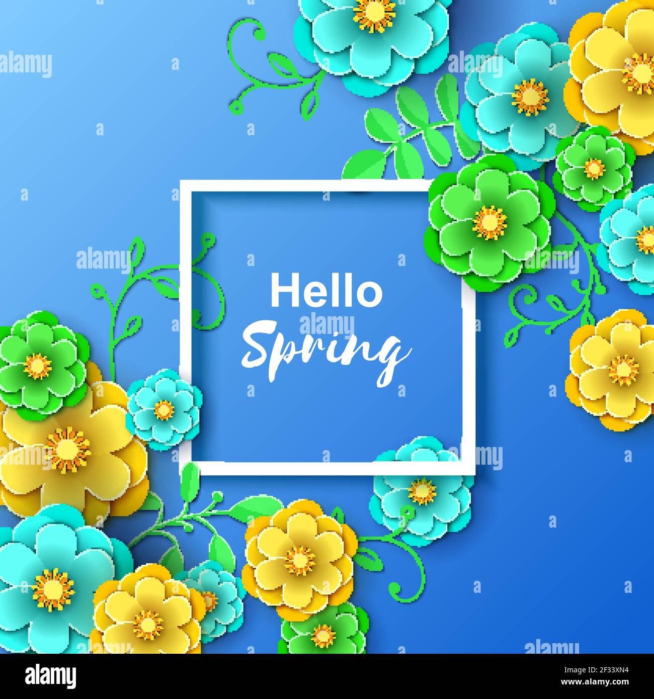 Paper cut flowers background with white frame. Origami concept, Vector ...