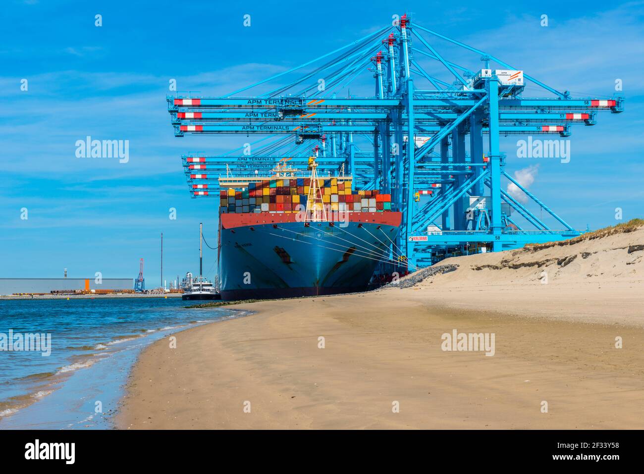 Rotterdam, Netherlands. Very large container ship and vessel moored at ...