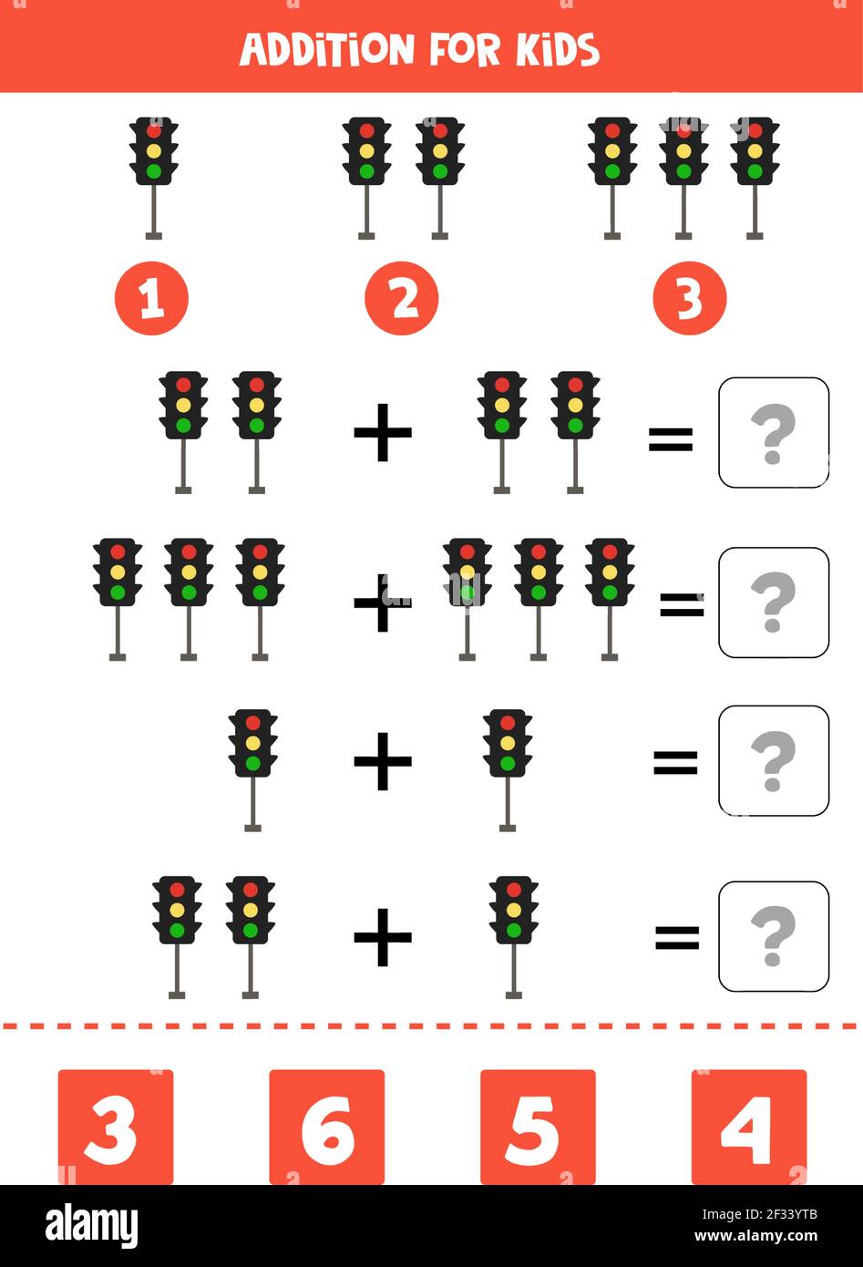 Addition game with cartoon traffic lights. Math game for kids Stock ...