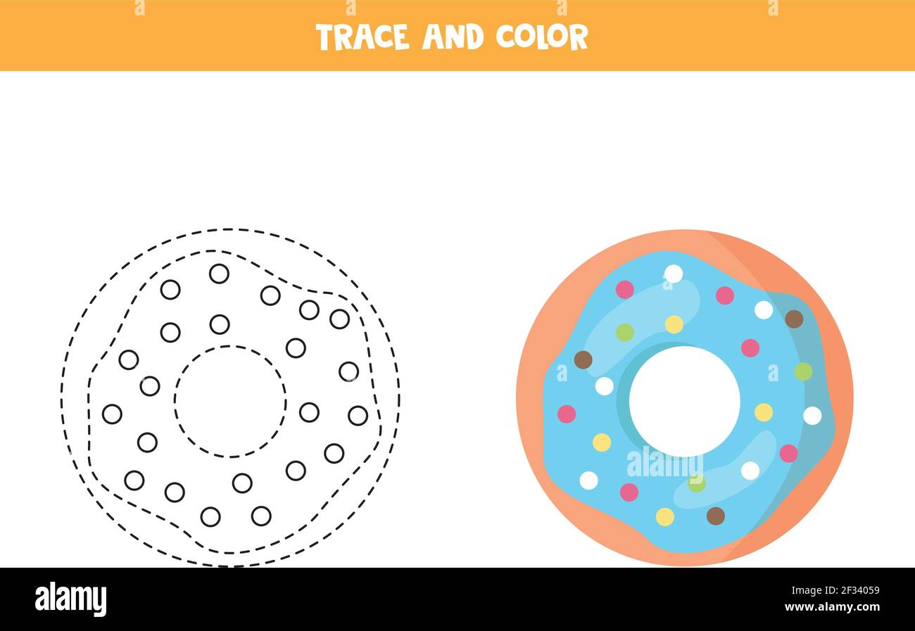Trace and color cartoon donut. Educational game for kids. Writing and ...