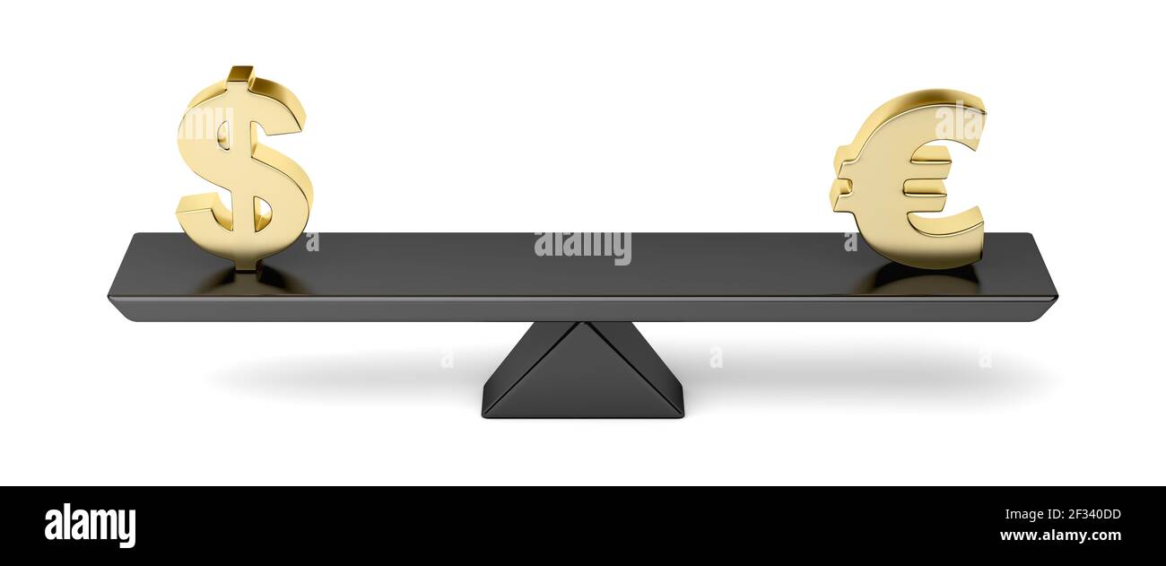 Balance between US dollar and Euro on seesaw, concept image Stock Photo ...