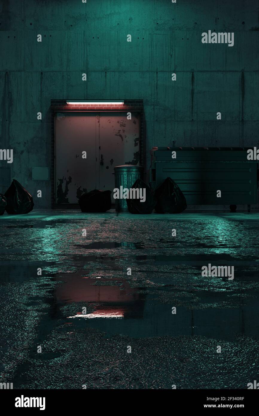 3d rendering of grunge backyard and wet street asphalt at night ...