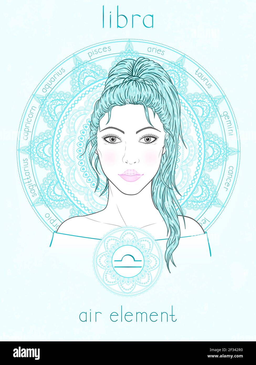 Vector illustration of Libra zodiac sign, portrait beautiful girl and horoscope circle. Air ...