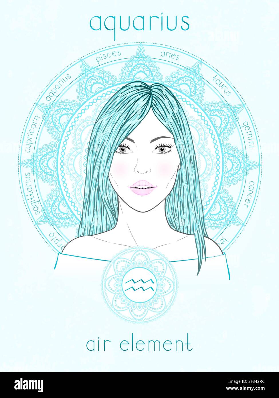 Vector Illustration Of Aquarius Zodiac Sign Portrait Beautiful Girl