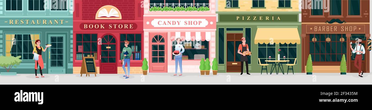 City street store, catering service set, retro storefront building ...