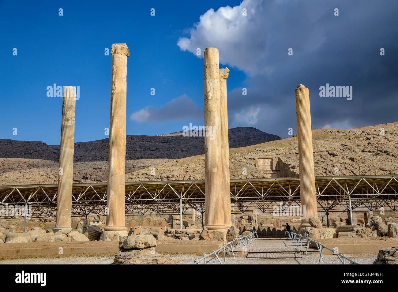 Tall columns at the ruins of Persepolis, the ancient capital of the ...