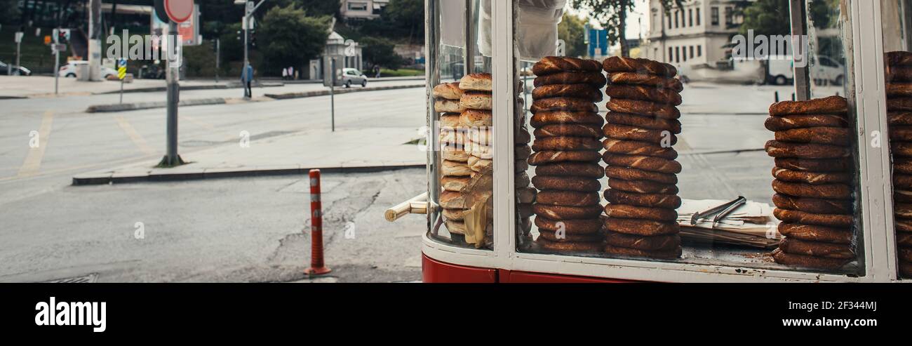 Traditional turkish pastry on concession stand on unban street ...