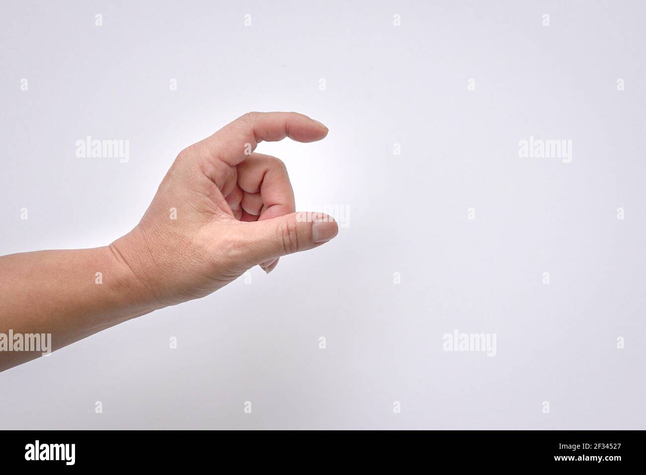 Man hand hold card gesture or blank paper, isolated on white background ...