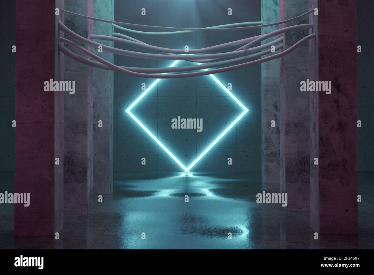 3d rendering of neon lighten rotated square shape in front of concrete ...