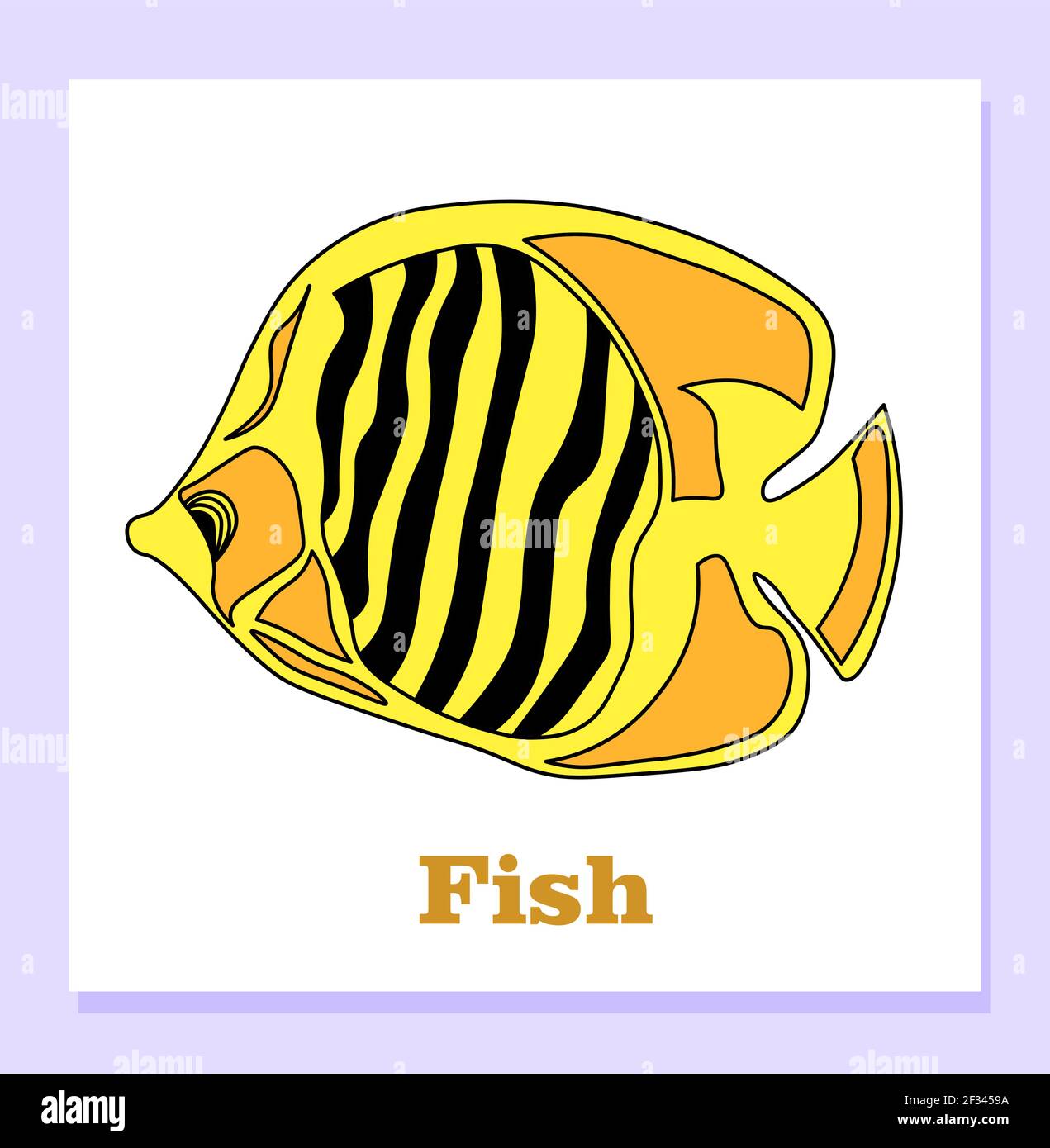 Childish illustration of a snarl. Tropical yellow fish. Zebrasoma. The ...