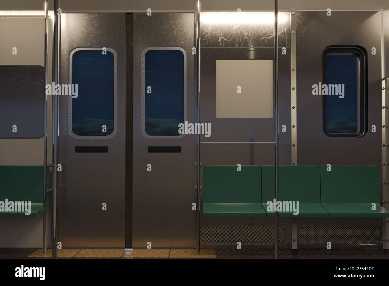 3d rendering of empty train compartment driving at night Stock Photo ...