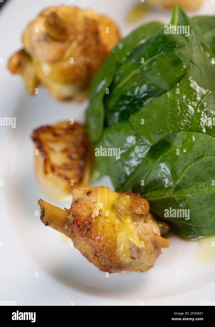 Fins, chicken drumstick, chicken, glazed onions, spinach leaves recipe ...