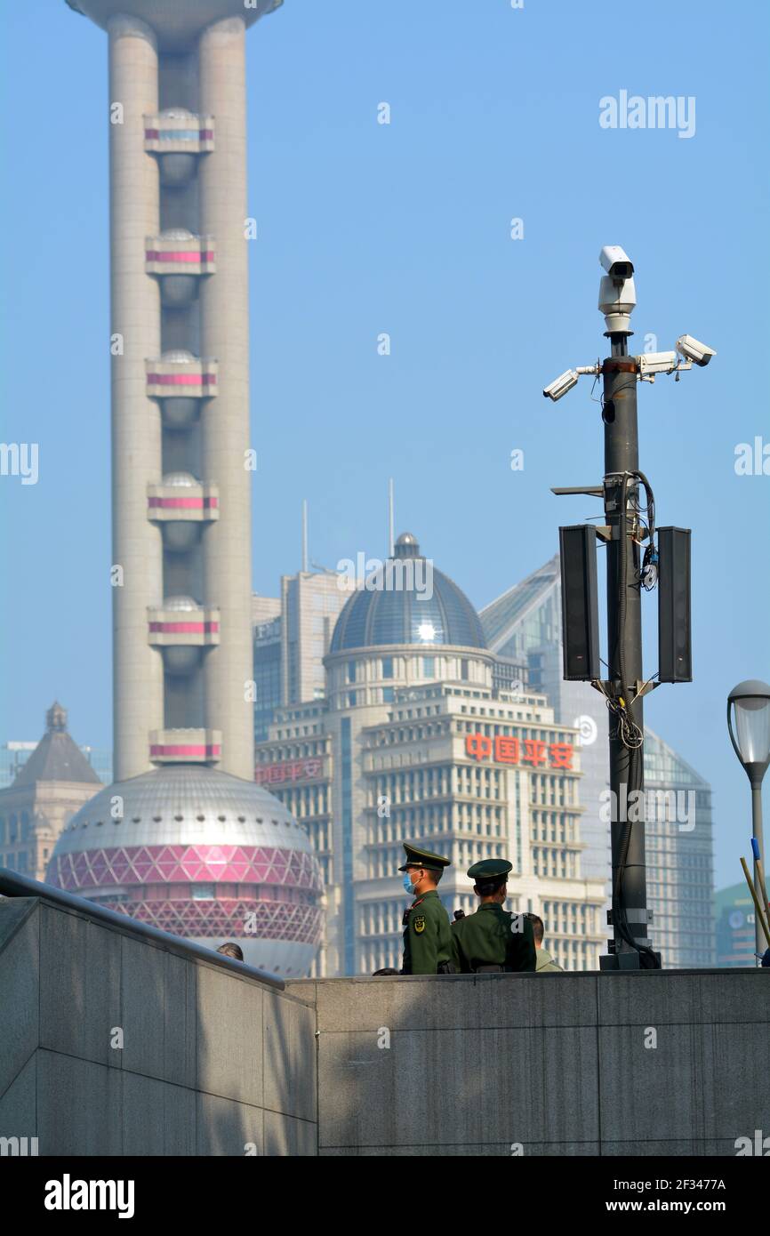 Chinese security cameras on the Bund in Shanghai. Covering 360 degrees ...